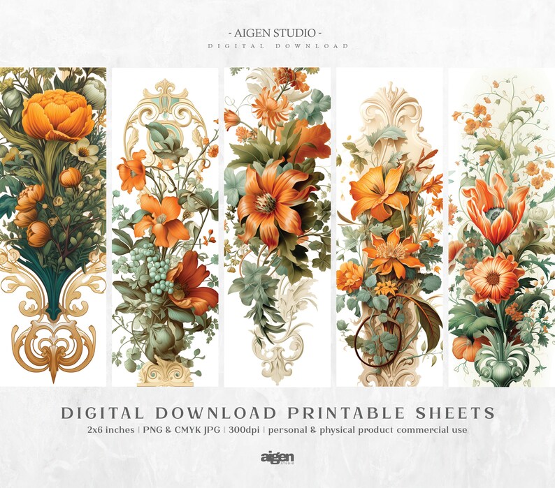 20 Orange Botanical Bookmark Designs | Printable Bookmarks Digital ...