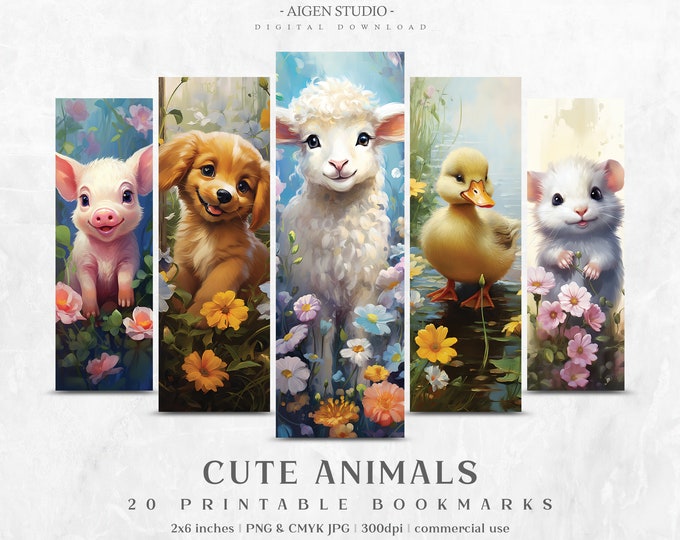 20 Pcs Printable Cute Animal Bookmark Set for Children Digital Chibi ...