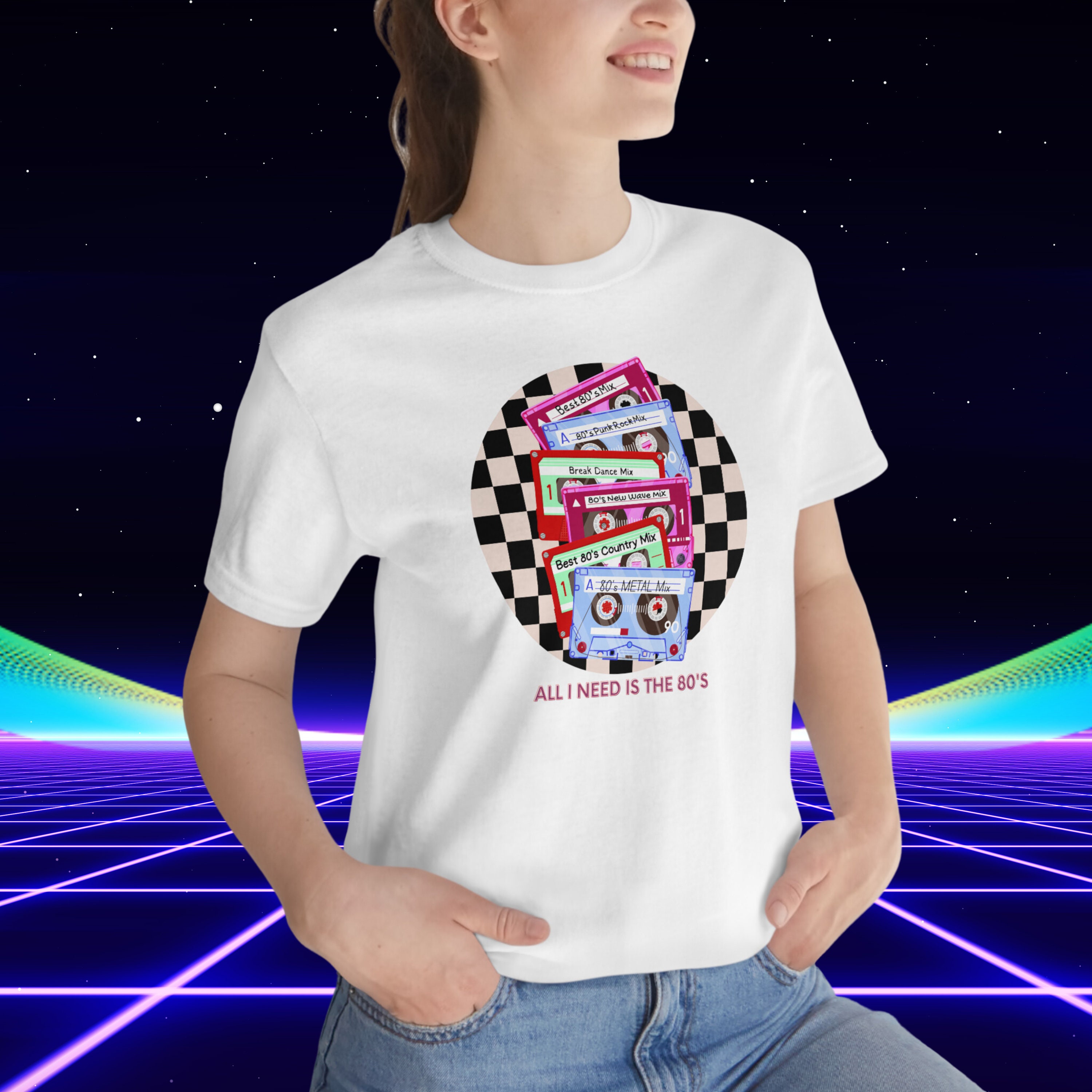 80's Stacked Cassettes on Checkered 80's Fashion T Shirt 80s Vintage T ...