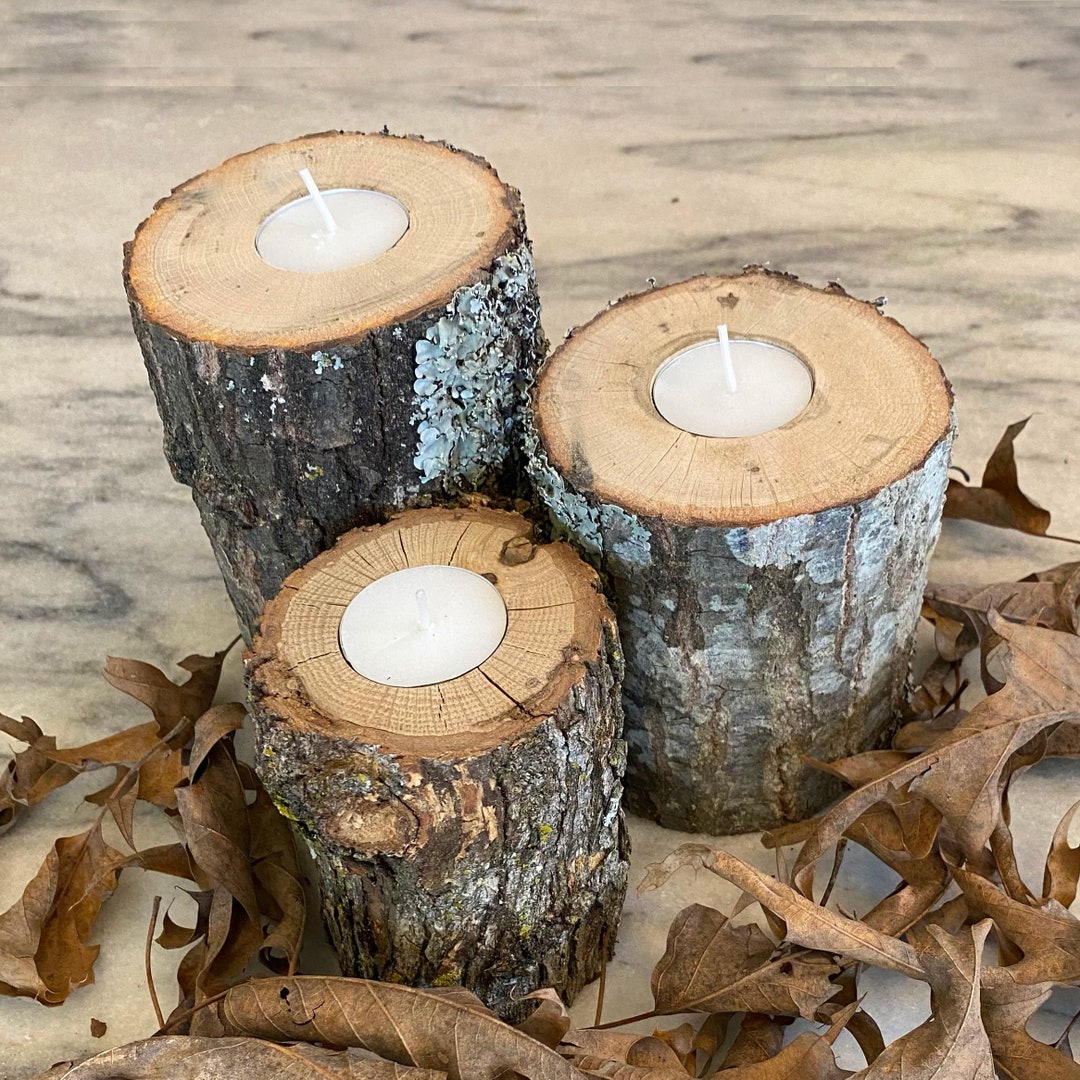 Set of 3 OAK Log Candle Holders, Wedding Center Pieces, Fireplace ...