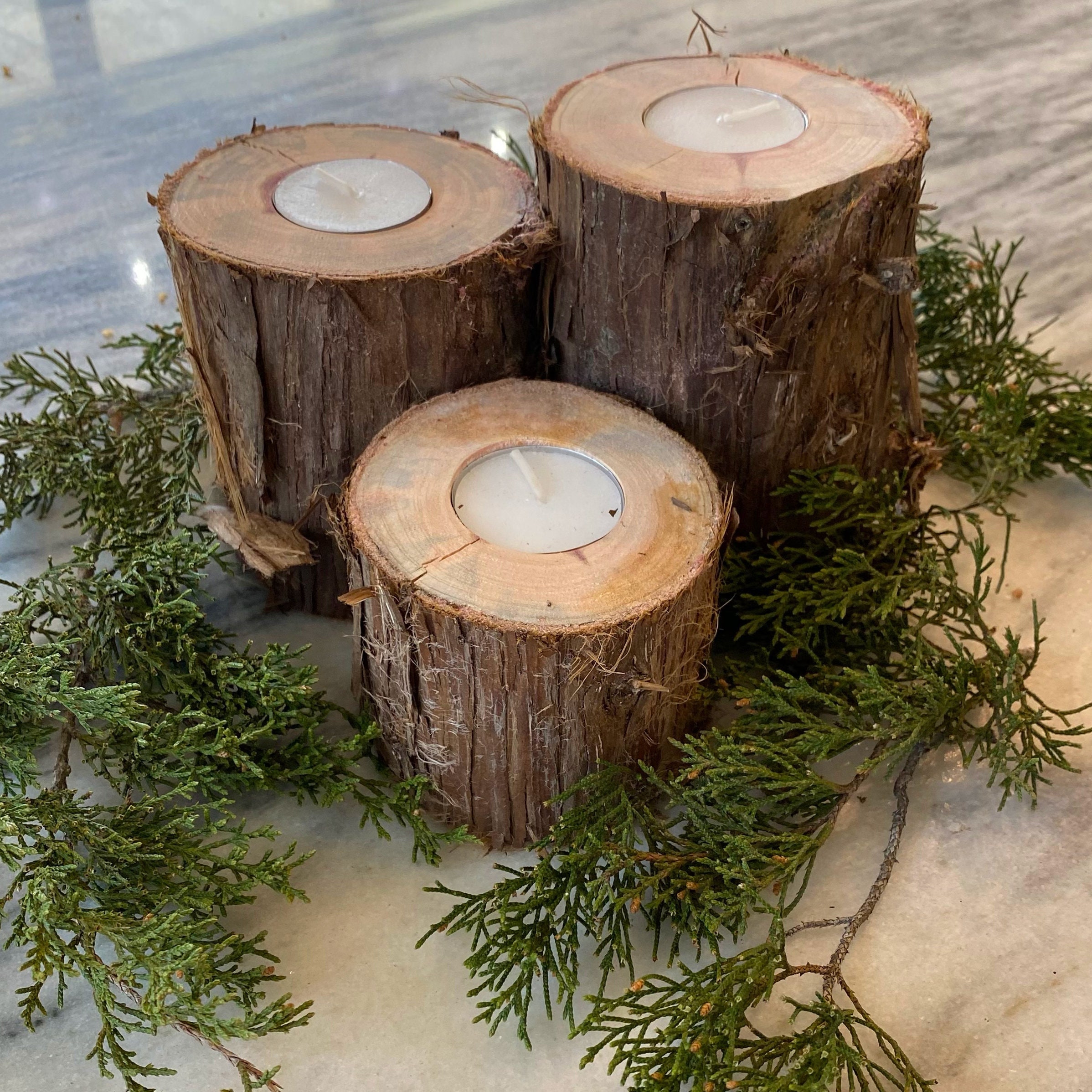 Set of 3 CEDAR Log Candle Holders, Wedding Center Pieces, Fireplace ...