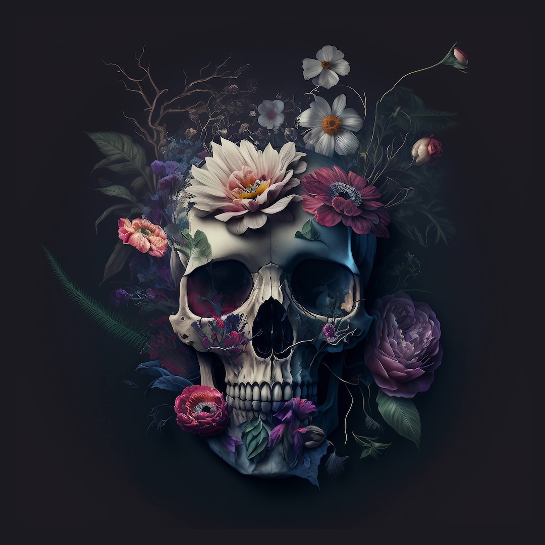 Skulls Flowers Art Print 2 Floral Art Instant Digital Download