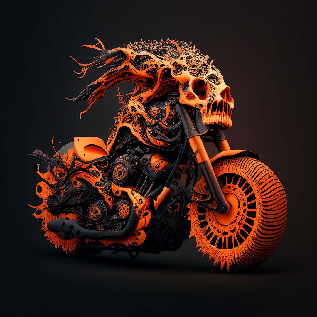 Skulls & Motorcycles Art Print 16 - Orange Biker Art - Instant Digital ...