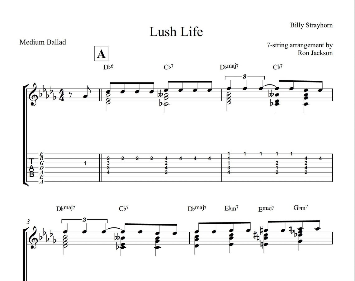 Lush Life Jazz Ballad | 7-string Guitar Chord Melody (sheet Music-tabs ...