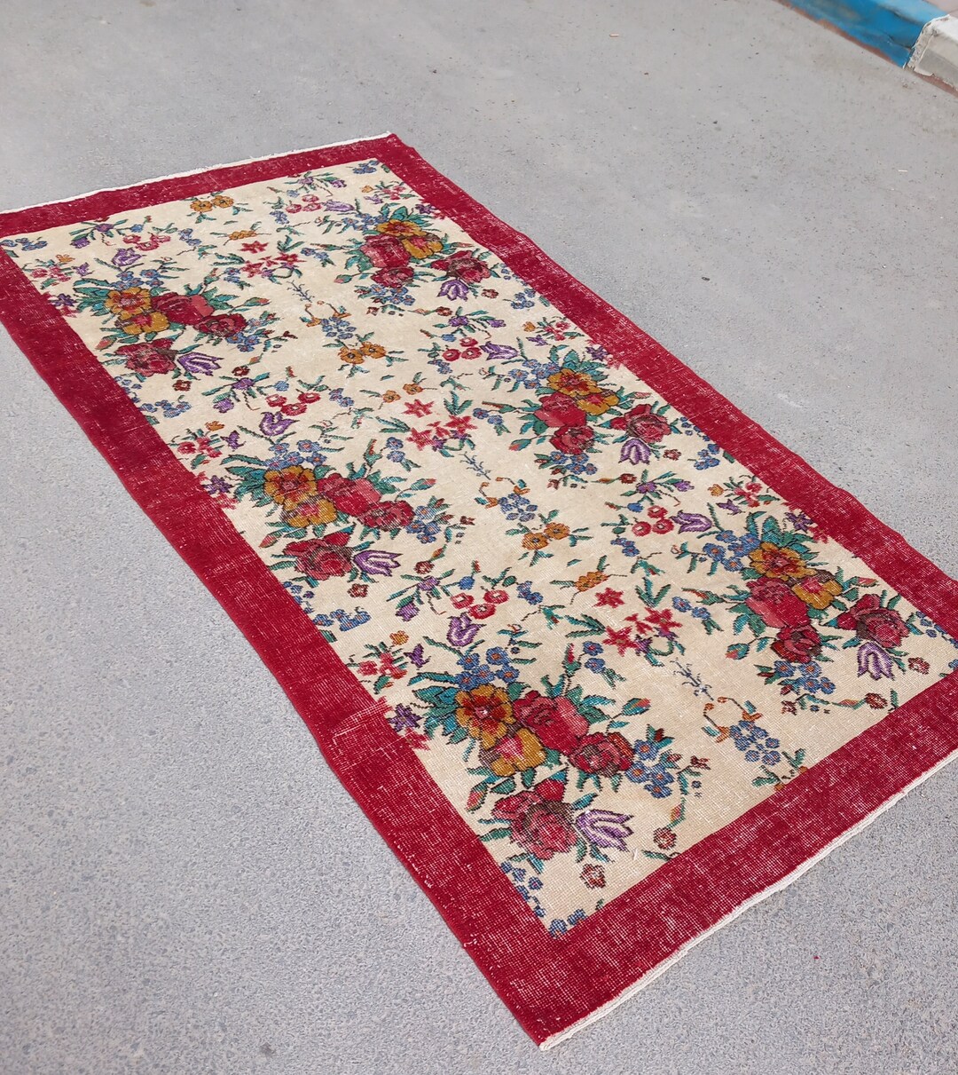 4x7 Rug 4x7 Beige Red Green Rug 4x7 Turkish Rug,4x7 Vintage Rug,oushak ...