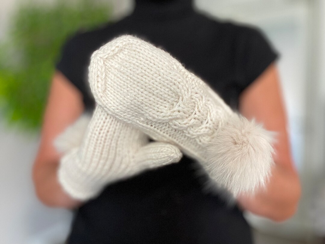 Cable Knit White Women Mittens, Woolen Hand Knitted Gloves, Soft and ...