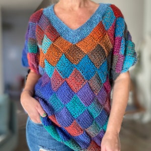 Oversized Colorful Sweater, Checkered Sweater, Hand Knitted, Diamond ...