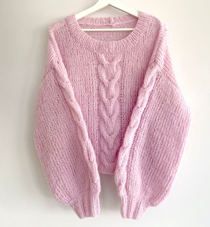 Pink Woolen Sweater Women, Cable Knit Puff Sleeve Sweater, Light Pink ...