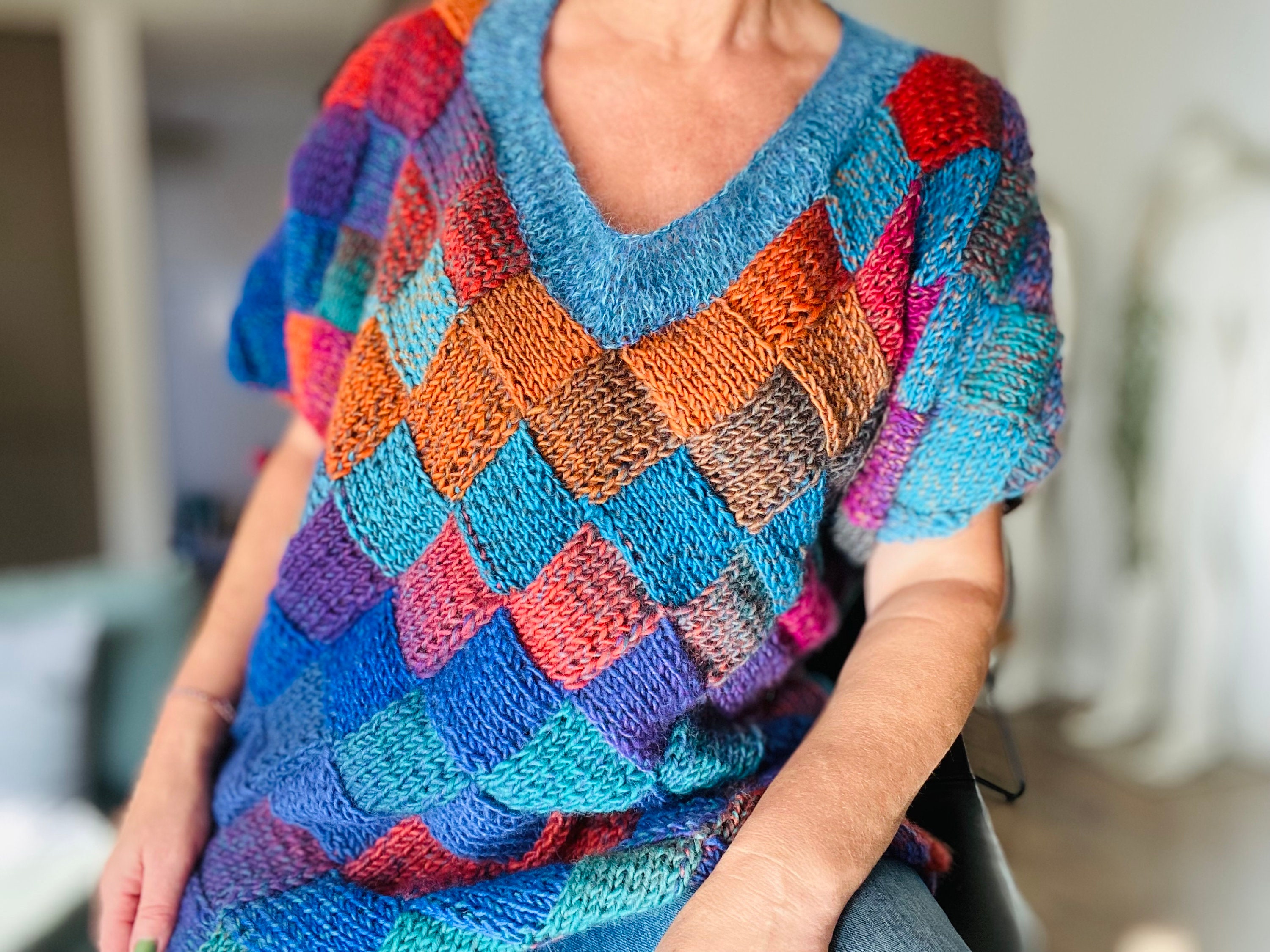 Oversized Colorful Sweater, Checkered Sweater, Hand Knitted, Diamond ...