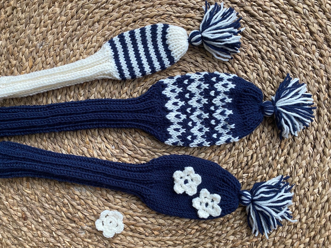Knitted Golf Club Headcovers, Gift for Golfer, Navy Blue / White ...