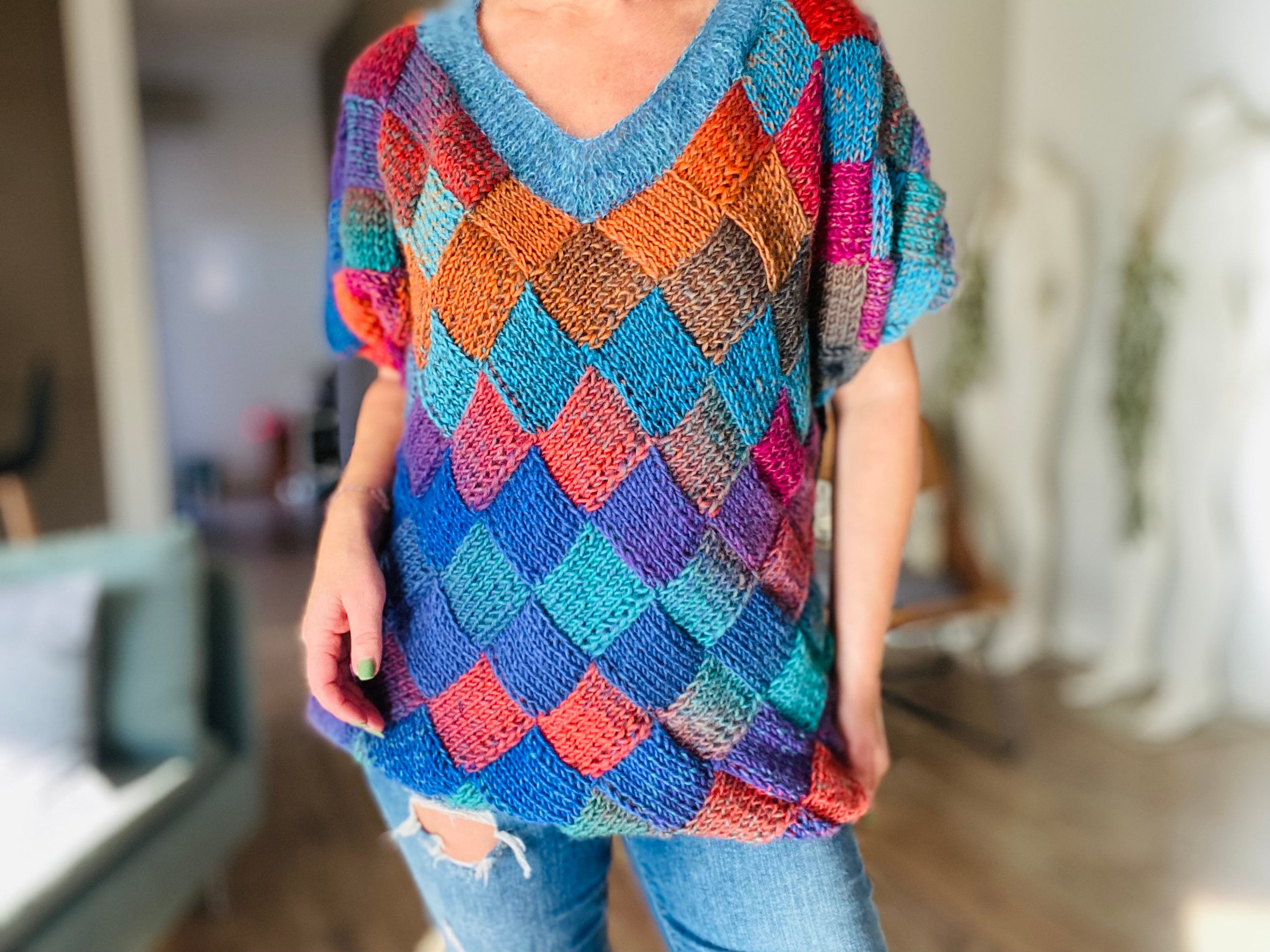 Oversized Colorful Sweater, Checkered Sweater, Hand Knitted, Diamond ...