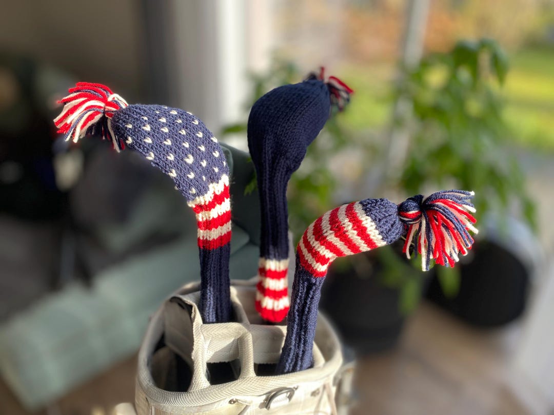 Custom Golf Club Cover, Knit Golf Club Covers, Blue Red White Golf ...