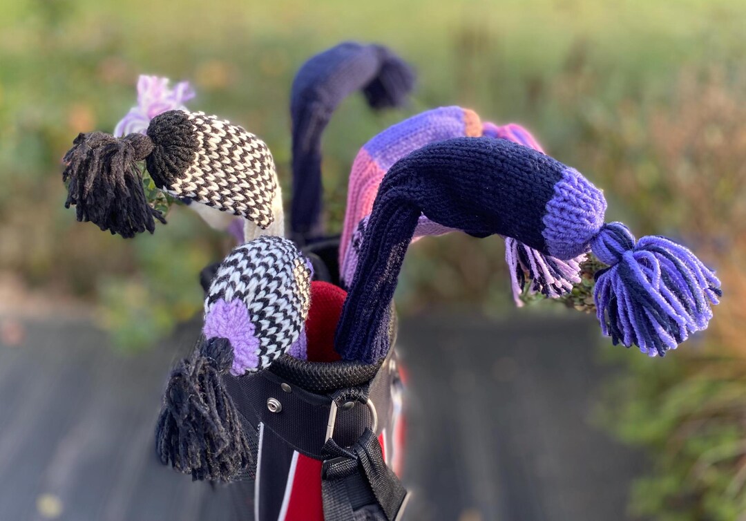 Individual Knitted Golf Club Head Covers With Tassel / Navy Blue Purple ...