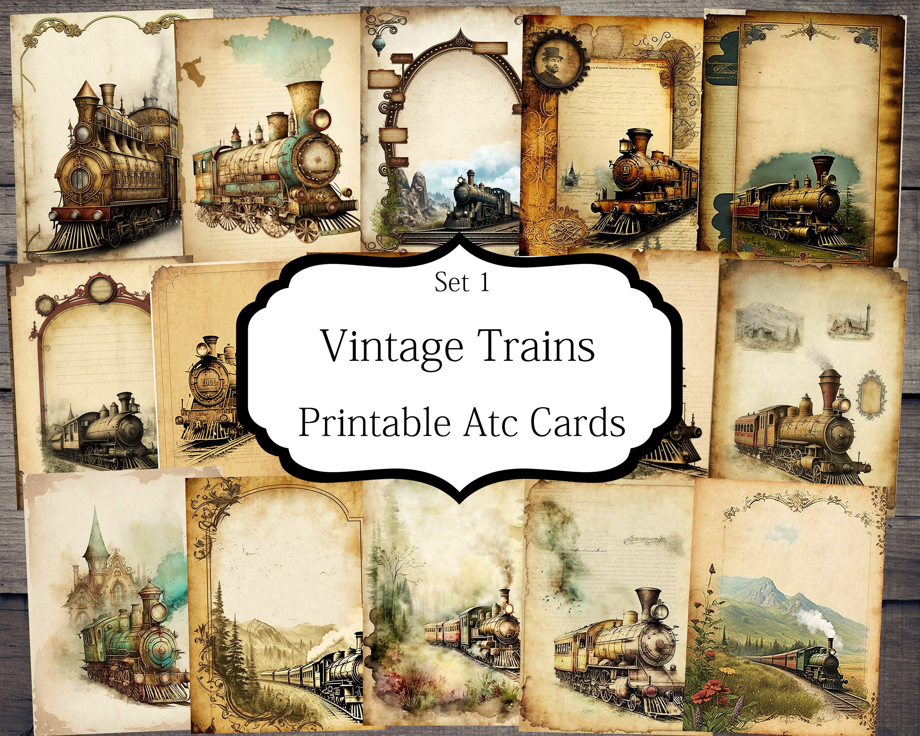 Vintage Trains ATC Cards, Junk Journal Cards, Digital Paper, Printable ...