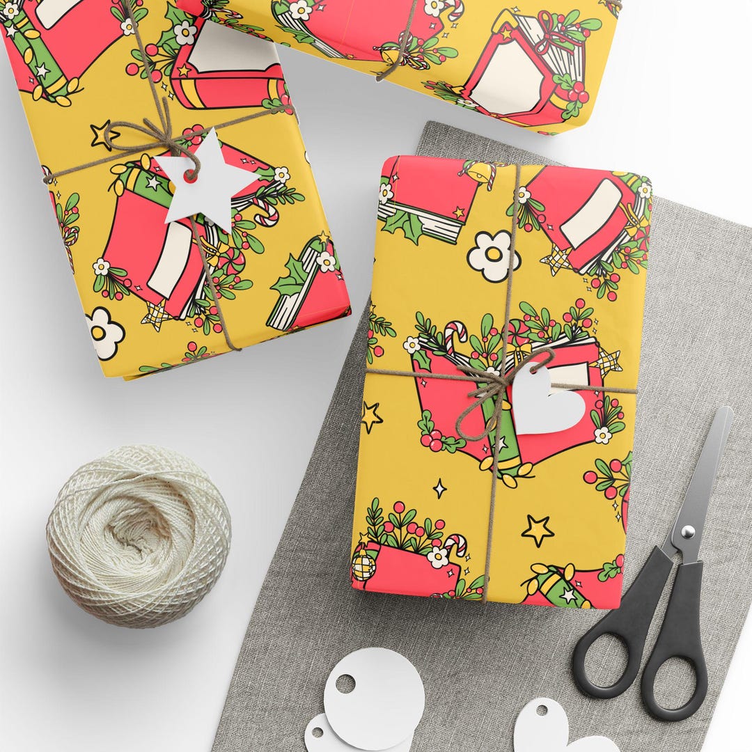Retro Book Wrapping Paper, Festive Book Wrap, Reader Gift Wrap, Gift ...