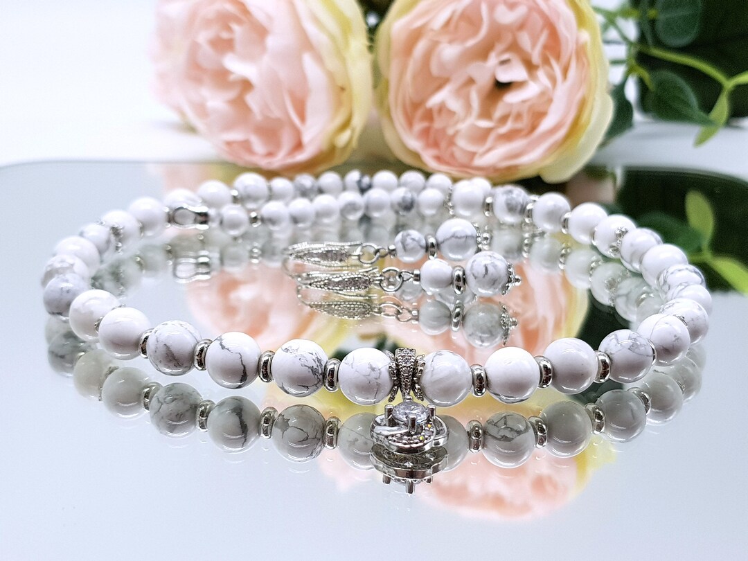 White Howlite Set, Necklace With Pendant & Earrings, Necklace Designs ...