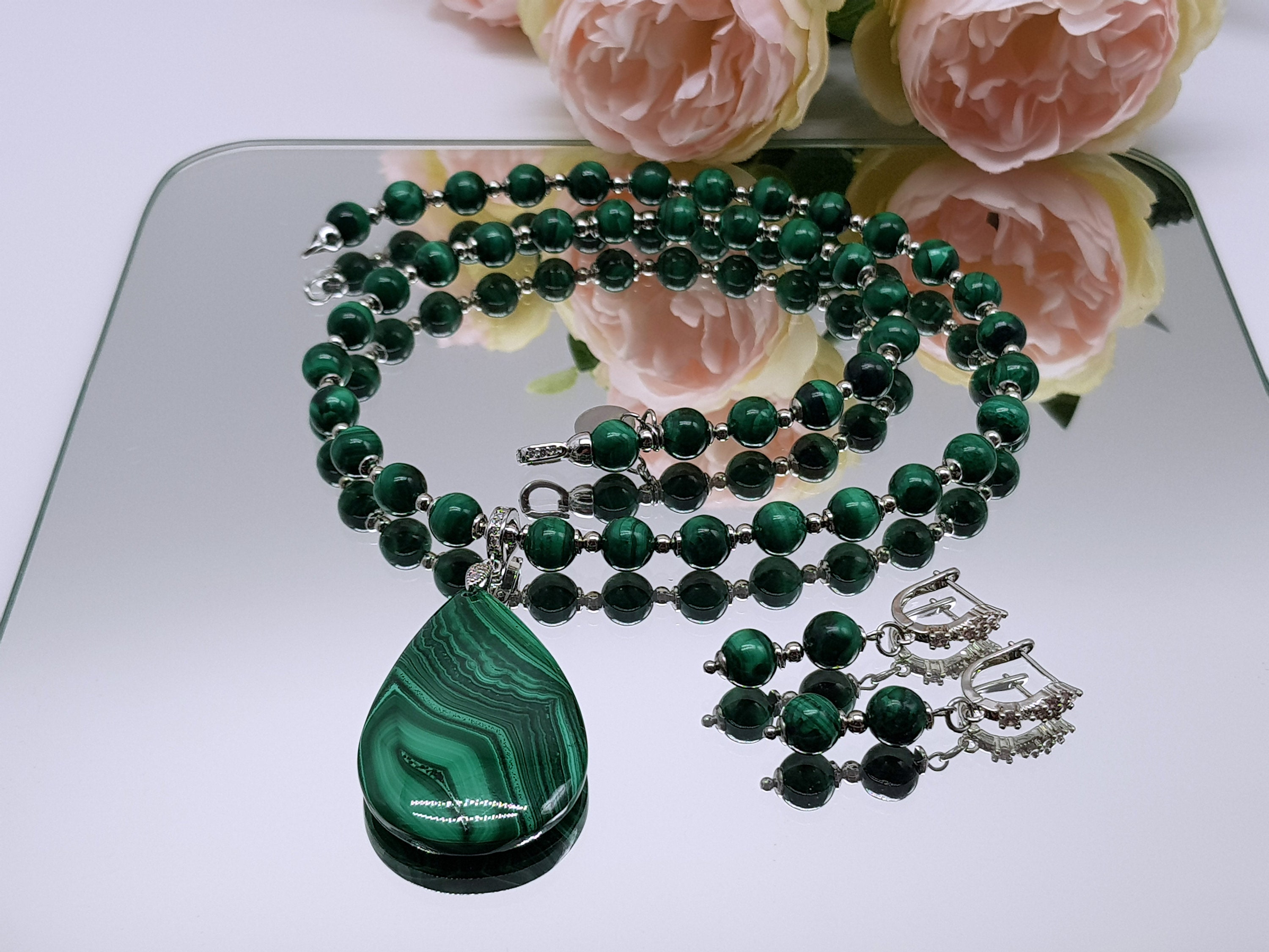Malachite Jewellery Set Necklace and Earrings Gift Present - Etsy