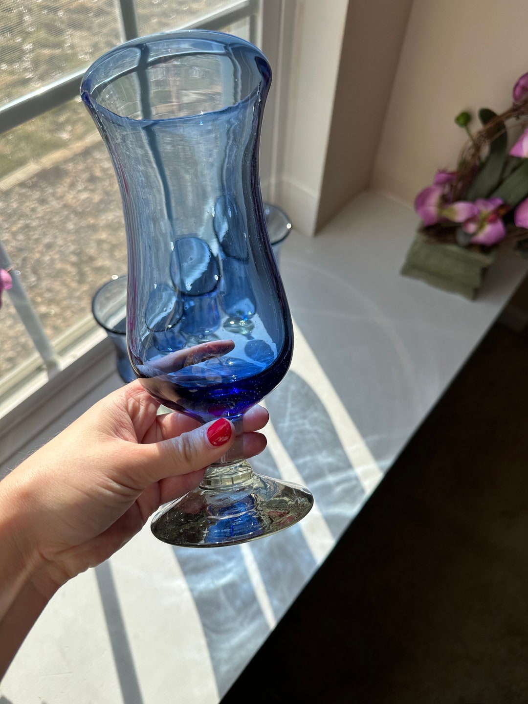 Set of 4 Hand Blown Art Glass Wine Water Goblets Hurricane Glasses Blue ...