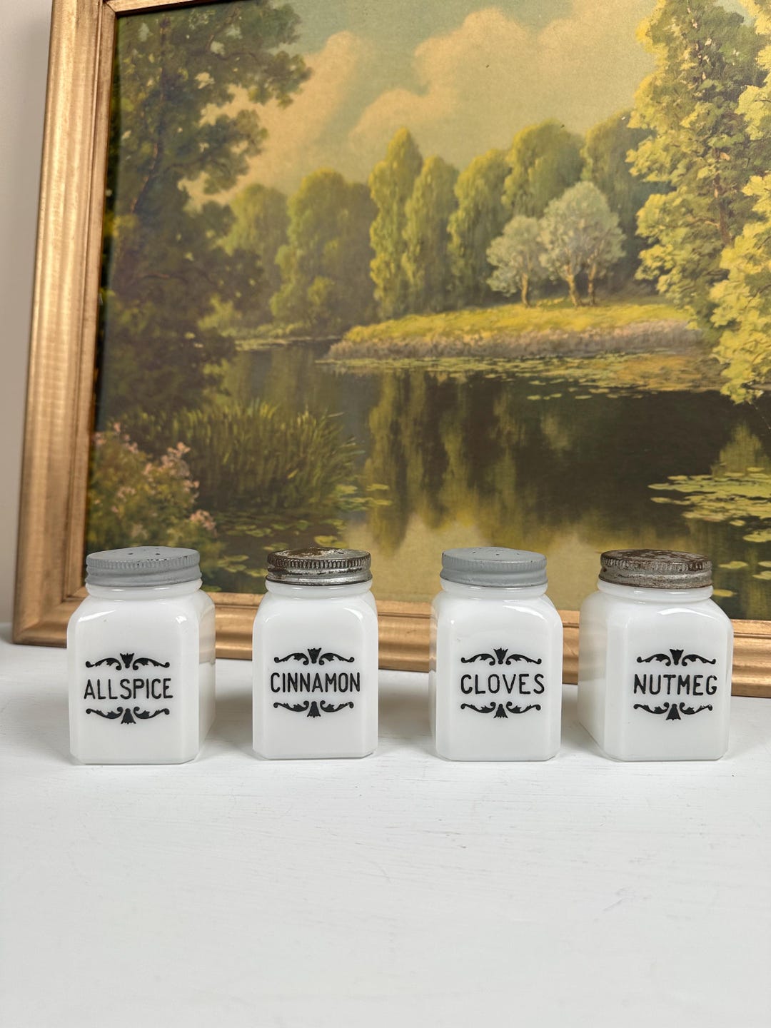 4 Dove Vintage Brand Spice Jars Shakers White Milk Glass W/ Lids 4 Oz ...