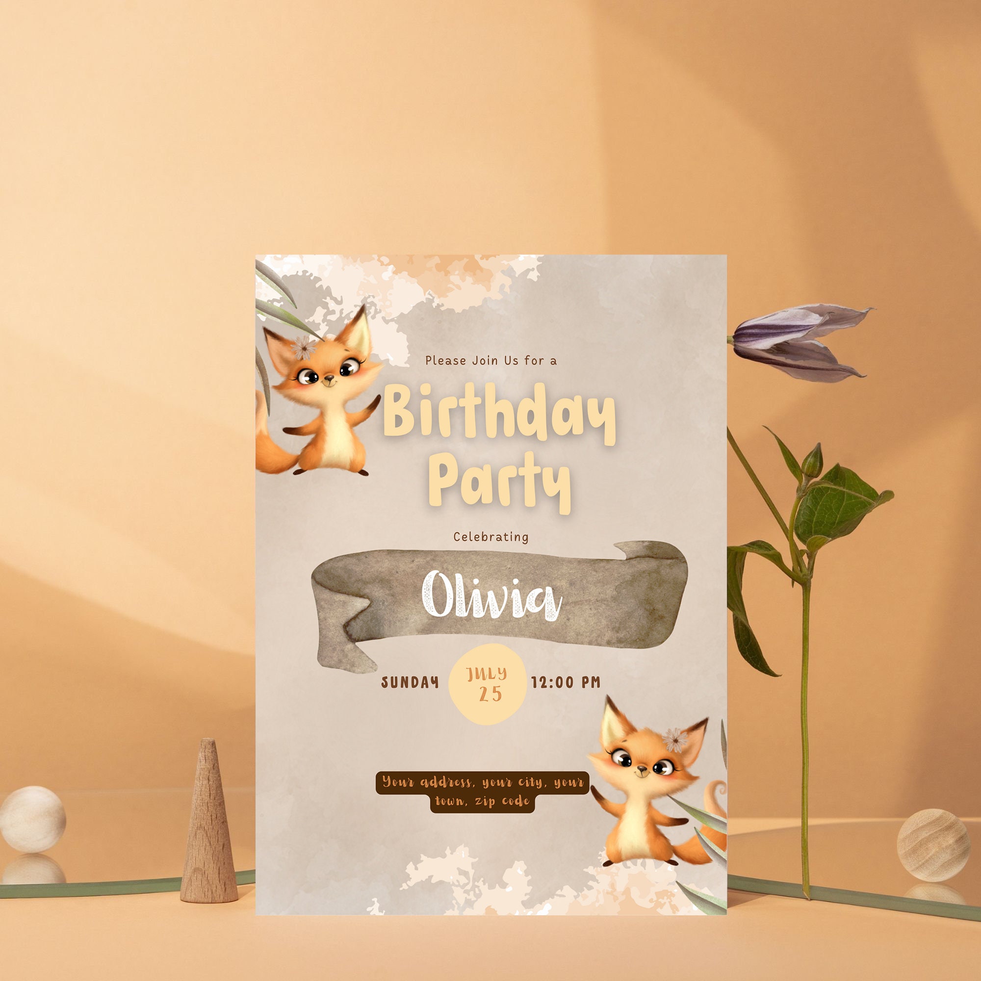 Cute Foxy Birthday Invitation, Fox Birthday, Ribbon Invitation ...
