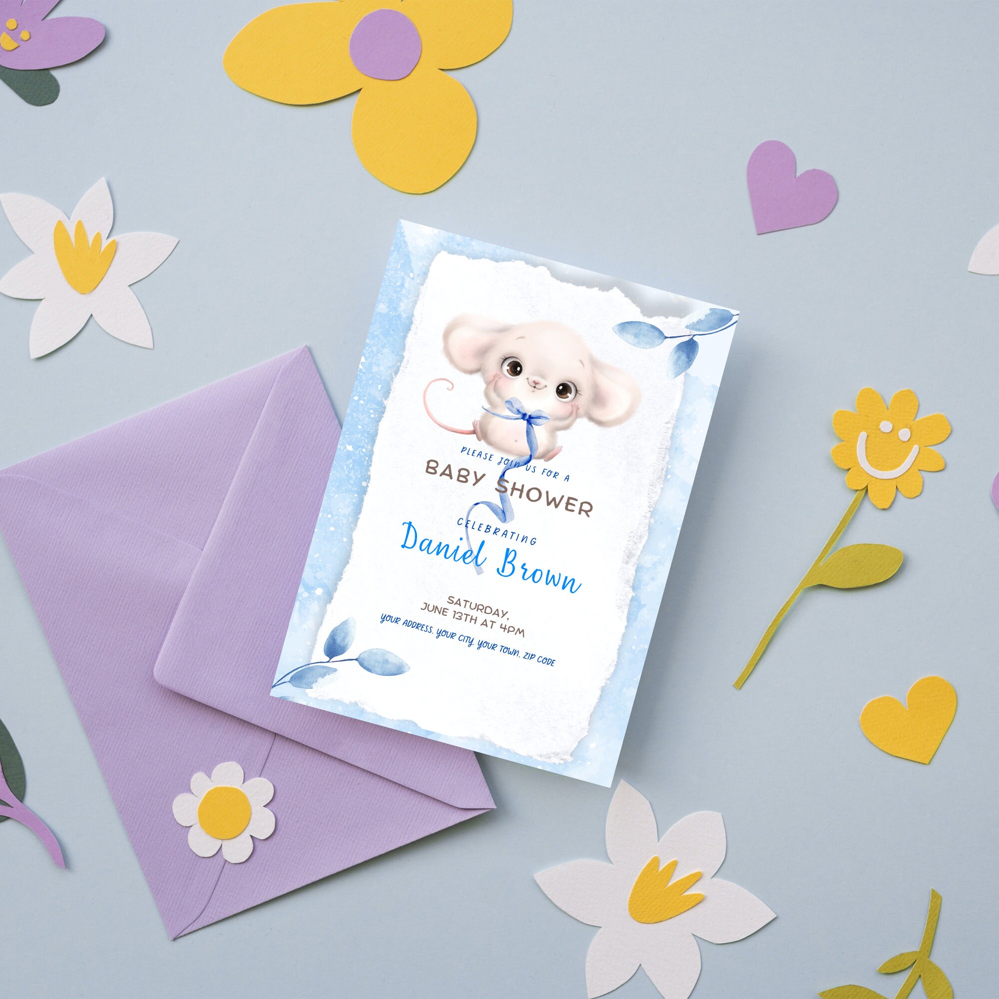 Editable Baby Boy Shower Invitation, Cute Baby Shower Invite, Blue ...