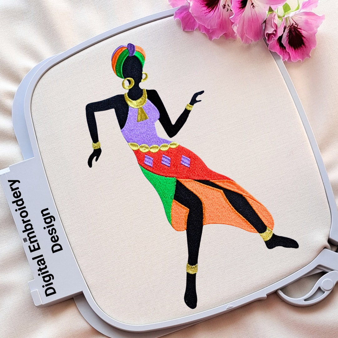 Ethnic Black Woman in the Hoop Embroidery Designs, Afro Girl Dancing ...