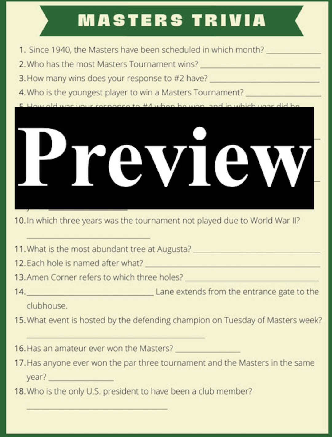 Masters Trivia | Masters Golf Trivia Game | Printable Golf Trivia ...