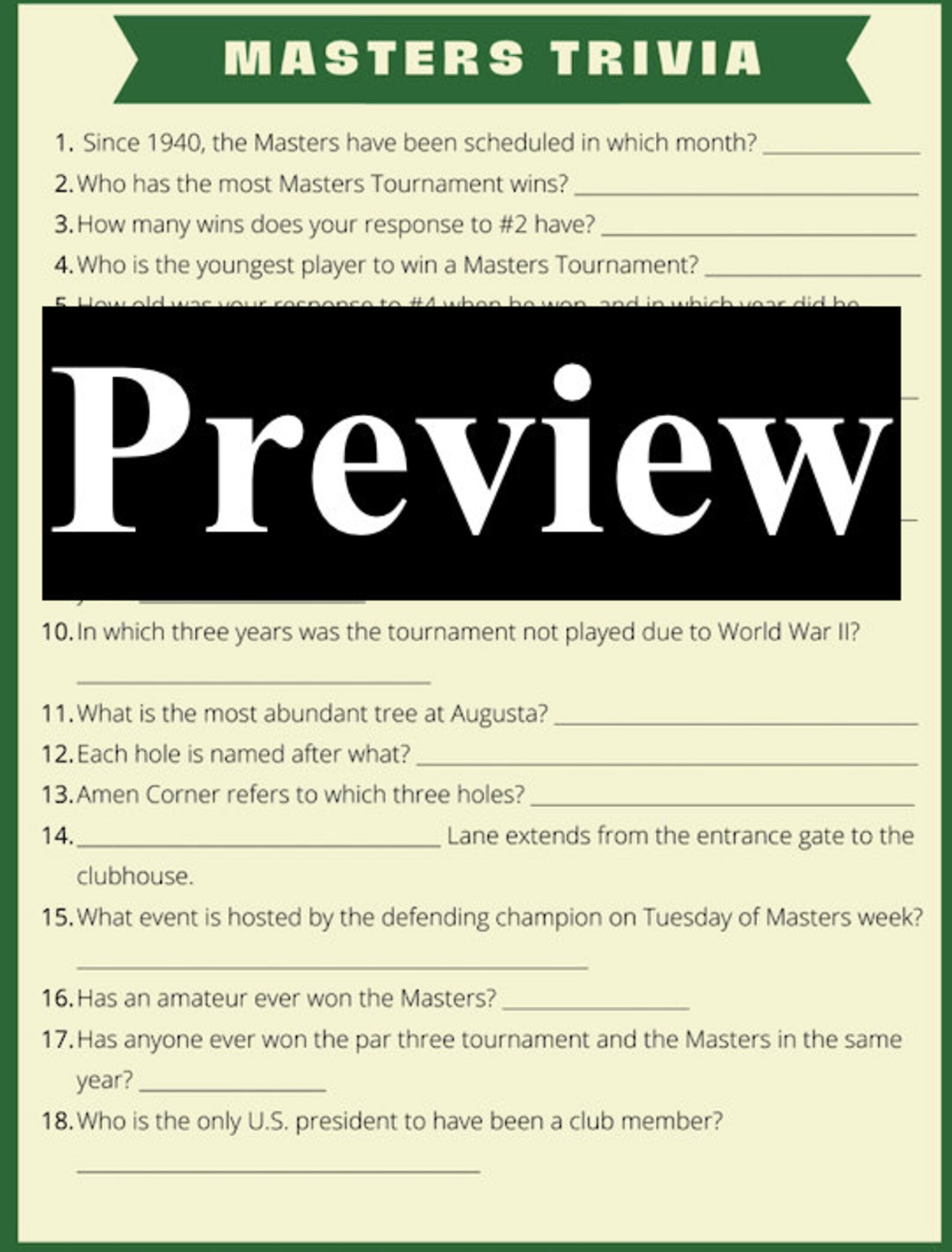 Masters Trivia | Masters Golf Trivia Game | Printable Golf Trivia ...