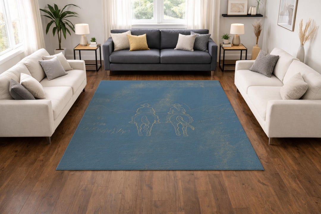 Cowgirl and Cowboy Riding Horses Rug, Hand Drawn Western Line Art Area ...