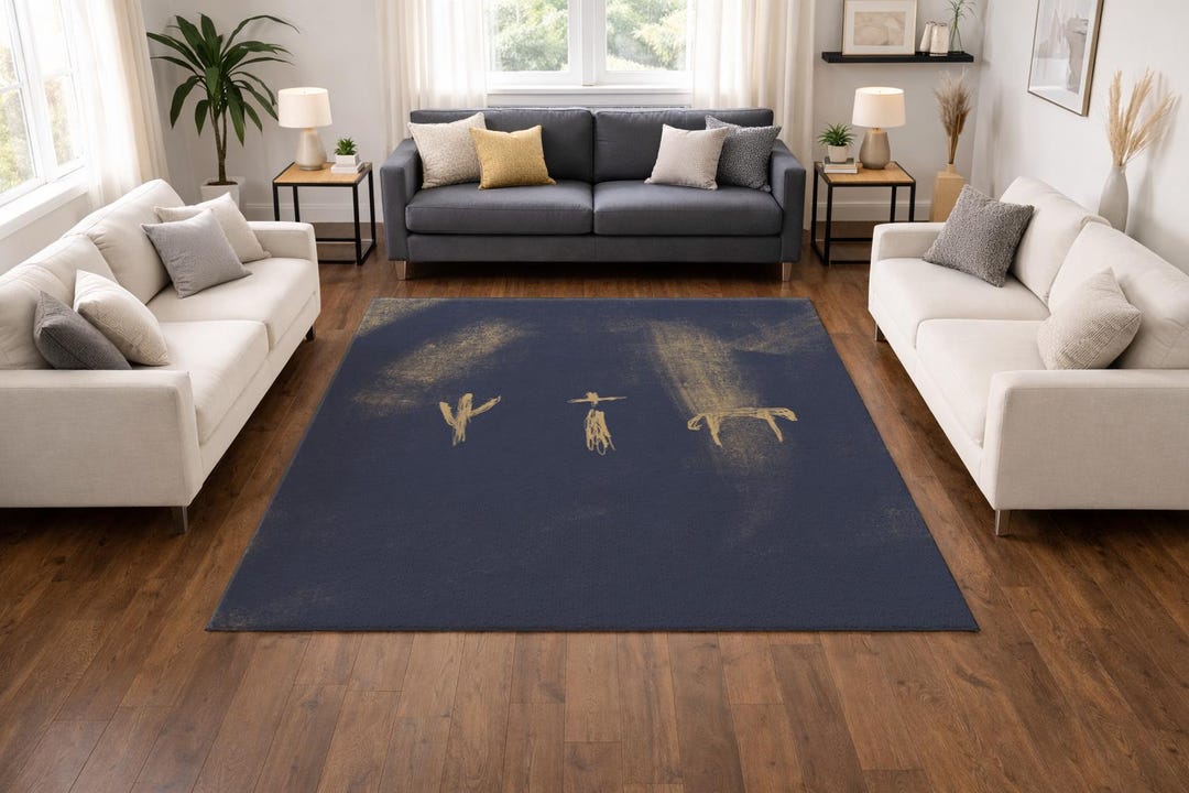 Hand Drawn Desert Scene Rug, Two Cowboy Figures With Cactus, Primitive ...