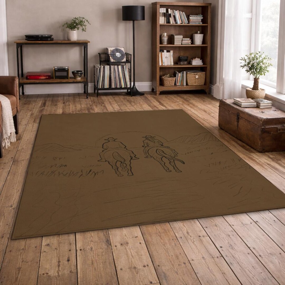 Cowgirl and Cowboy Riding Horses Rug, Hand Drawn Western Line Art Area ...