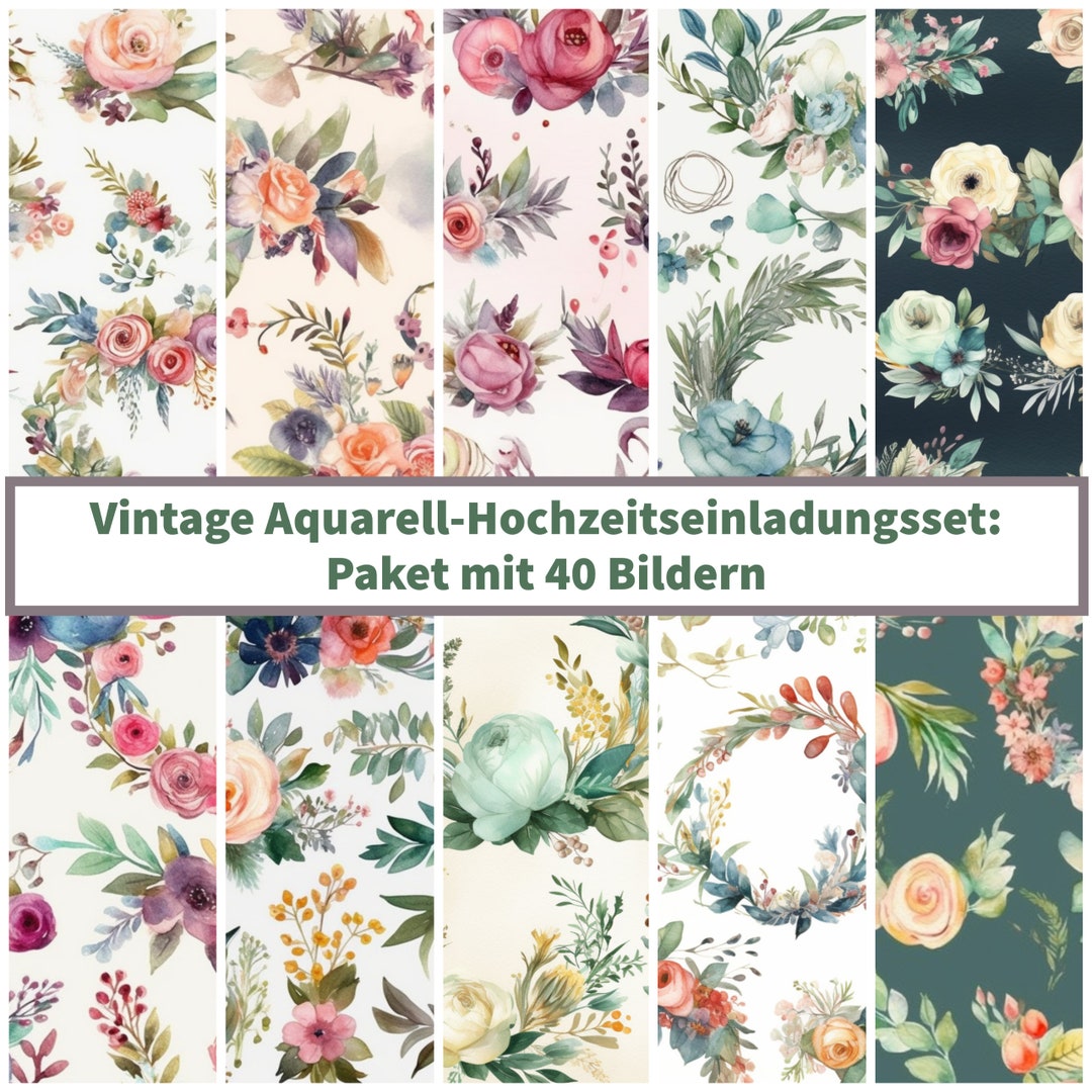 Vintage Watercolor Wedding Invitation Set: Pack of 40 Images, Instant ...
