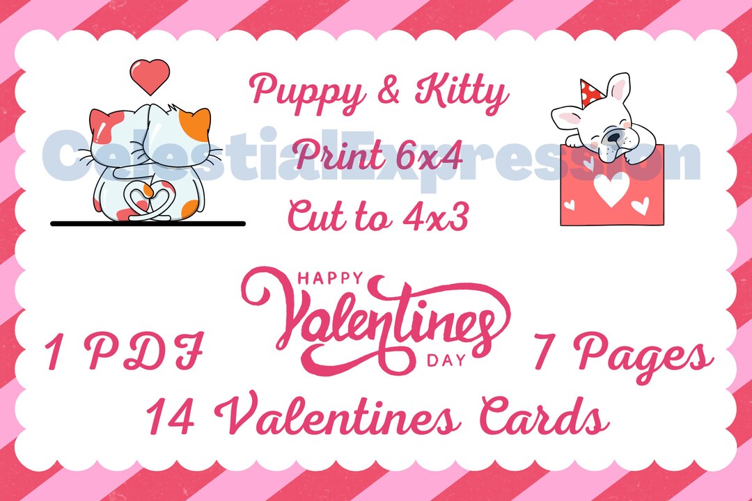 Kitty and Puppy Valentines Cards 6x4 PDF 14 Cards, 7 Pages - Etsy
