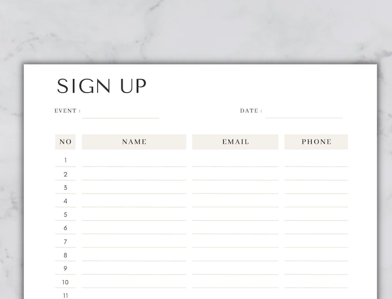 Fillable Sign up Sheet Printable Event Sign Up, Customer Sign Up, Email ...