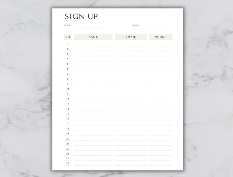 Fillable Sign up Sheet Printable Event Sign Up, Customer Sign Up, Email ...