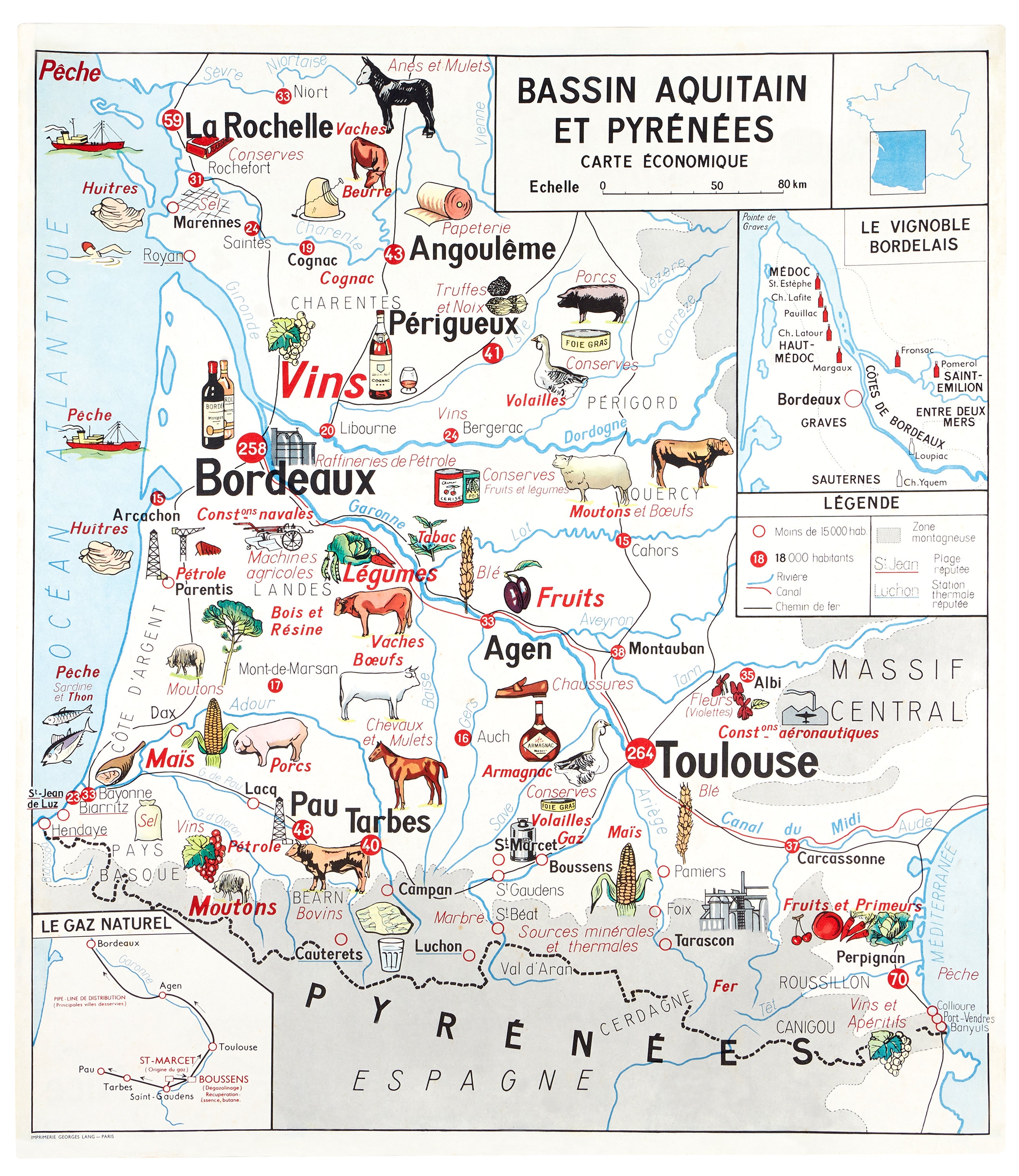 Vintage School Poster Maps of France Aquitaine Pyrenees Economical Wall ...