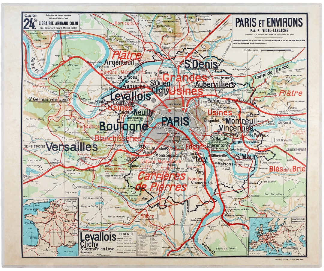 Vintage School Poster Maps of France Surroundings of Paris 1950 Wall ...