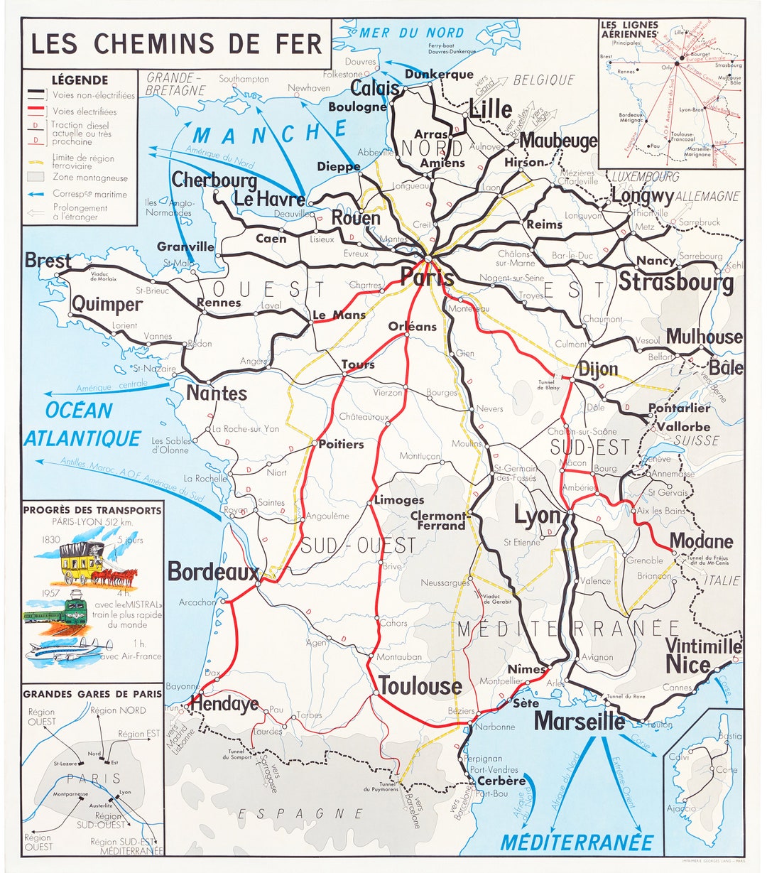 Vintage School Poster Maps of France - France Railways 1957 - Wall ...