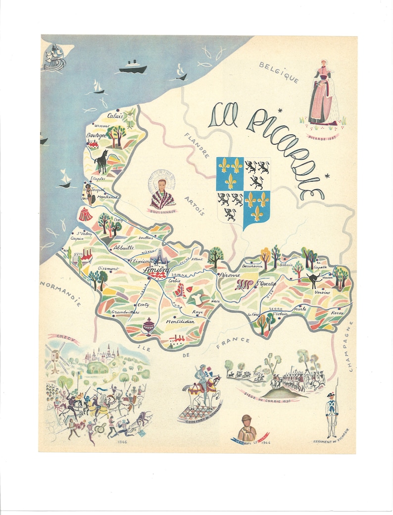 Vintage School Poster Maps of France - Picardy Region - Wall Decoration ...