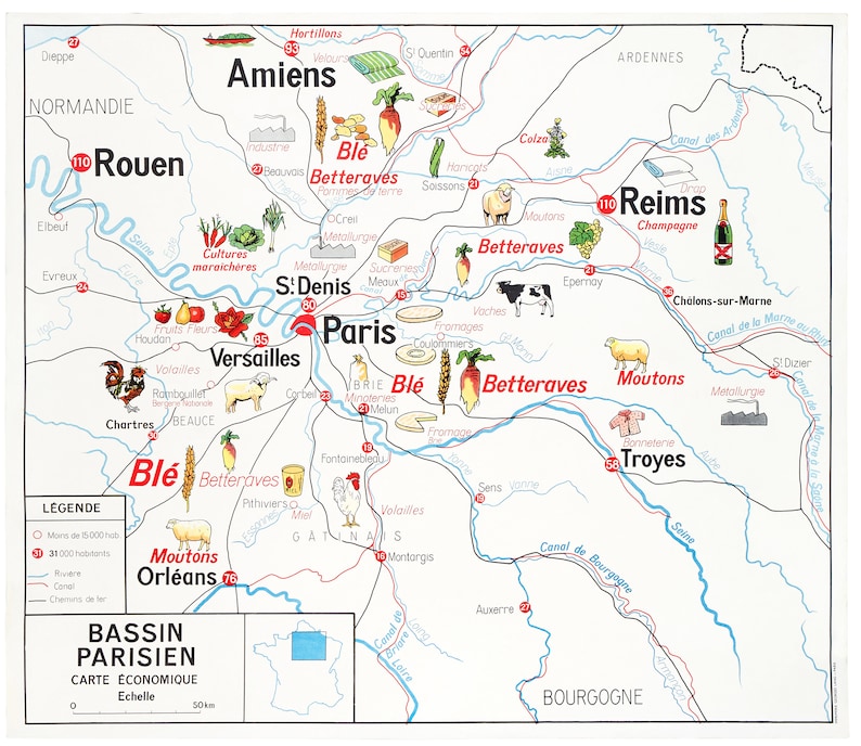 Vintage School Poster Maps of France - Paris 1950 - Wall Decoration ...