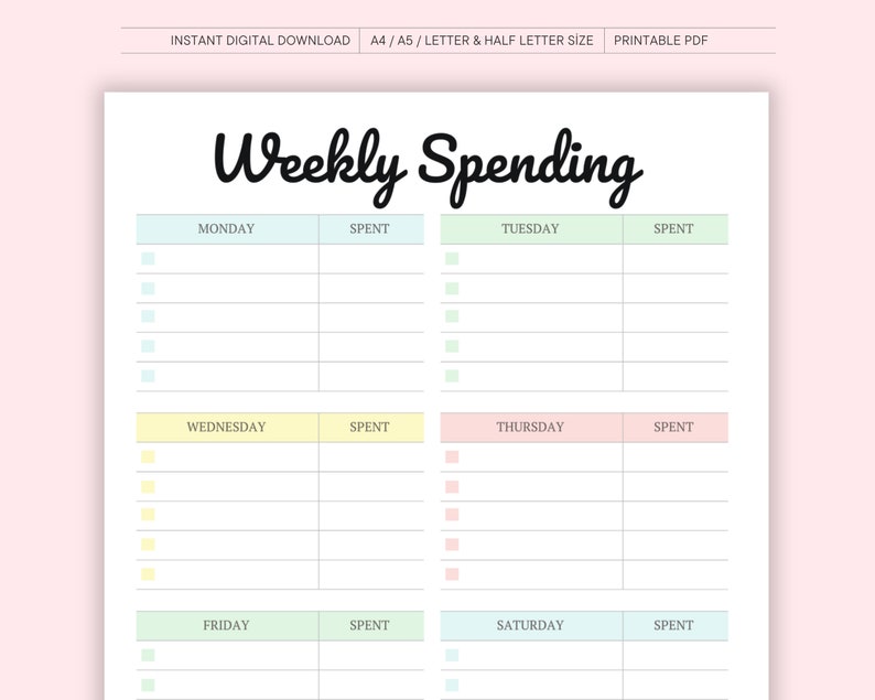 Weekly Spending Tracker Printable: Expense Log (A4, A5, Letter, Half ...