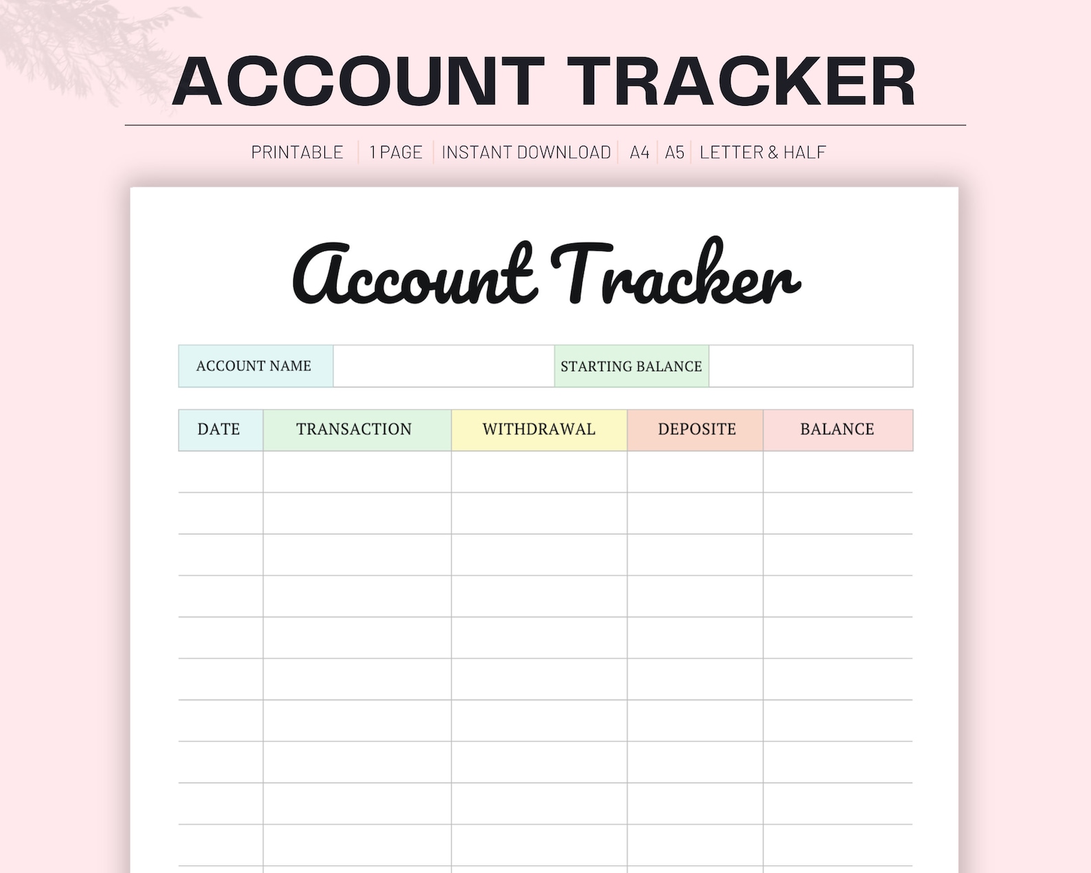 Account Tracker, Printable Account Log, Bank Account Tracker, Account ...