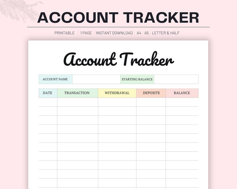 Account Tracker, Printable Account Log, Bank Account Tracker, Account ...