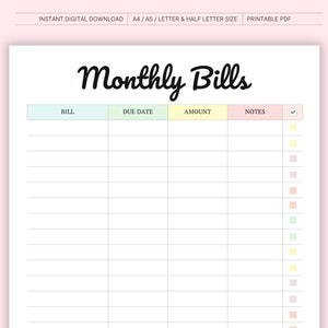 Monthly Bill Tracker: Printable Payment Checklist (digital PDF) - Etsy
