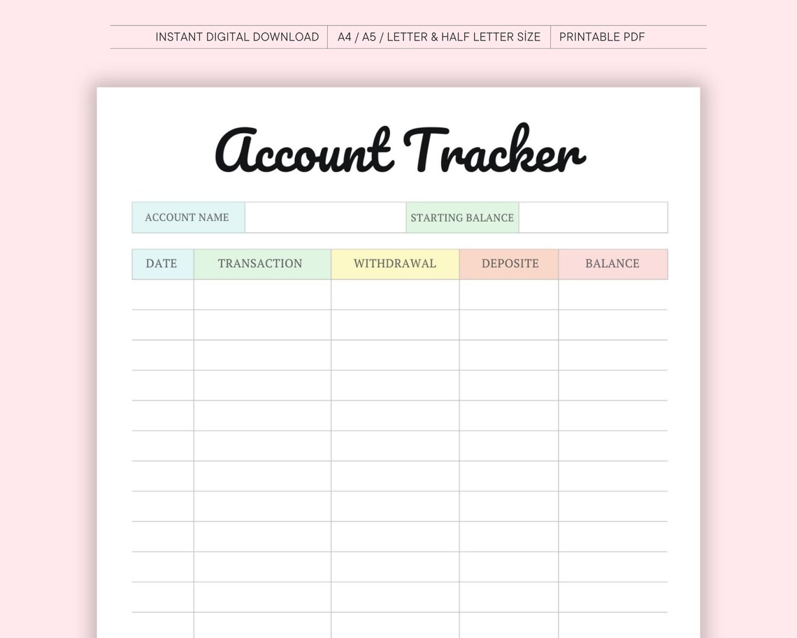 Account Tracker, Printable Account Log, Bank Account Tracker, Account ...