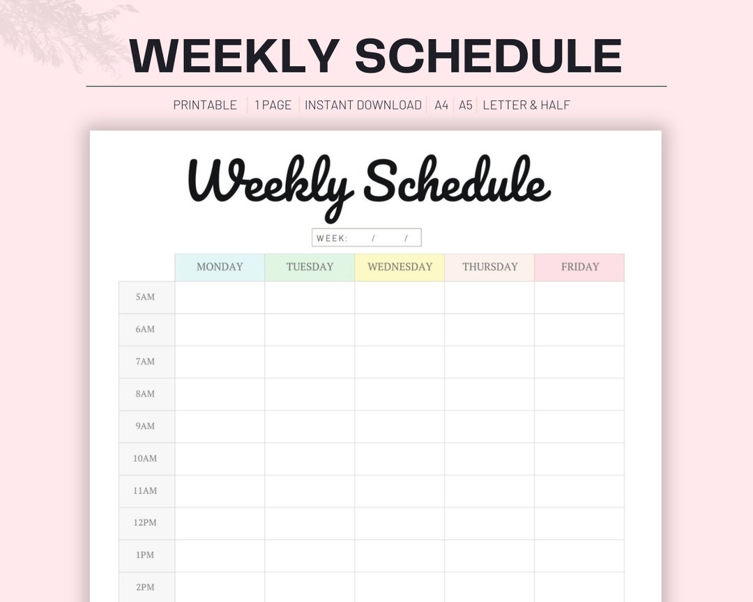 Horizontal Weekly Schedule, Hourly Weekly Schedule Landscape, Weekly ...