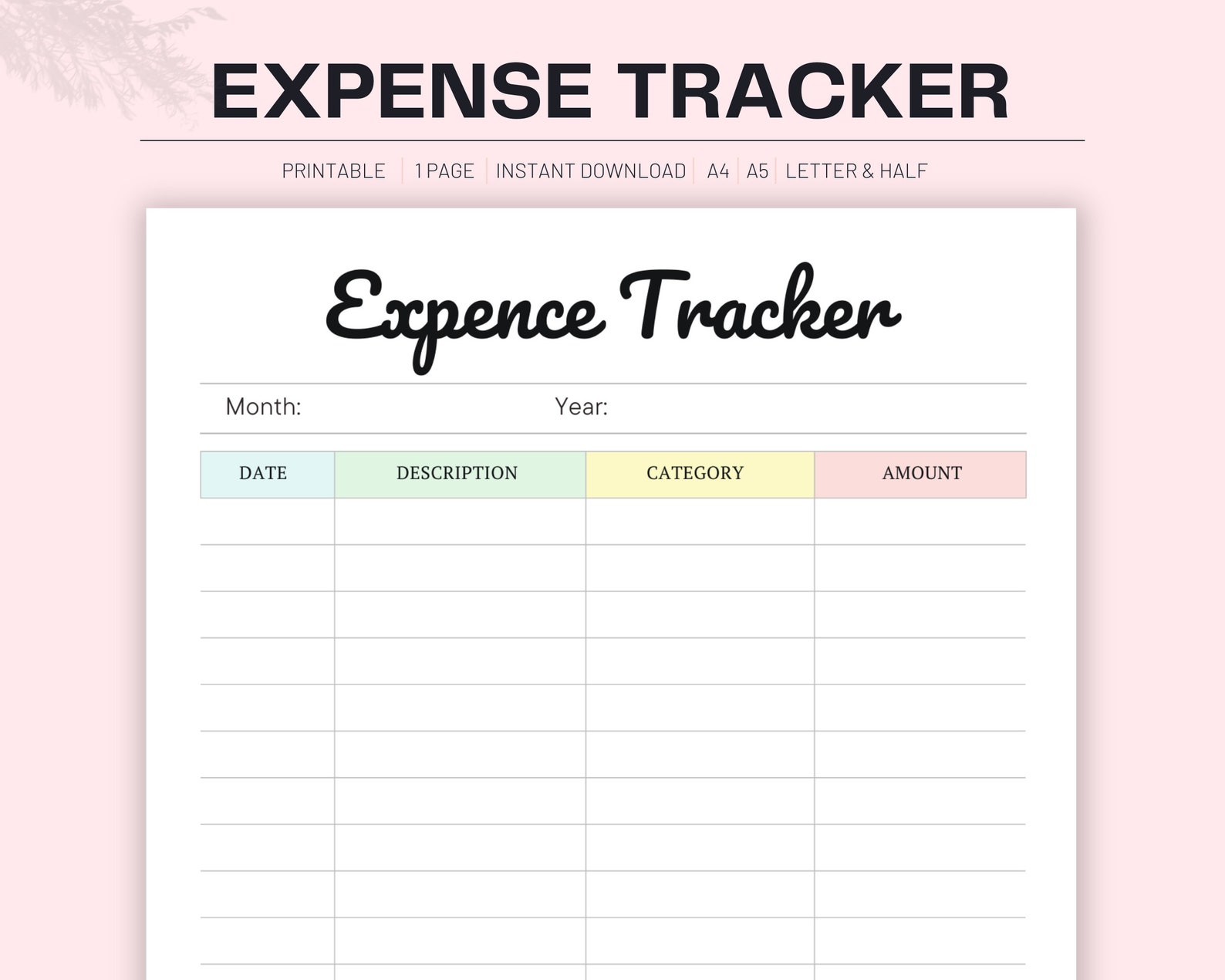 Expense Tracker, Printable Expense Log, Digital, Expense Sheet, Monthly ...