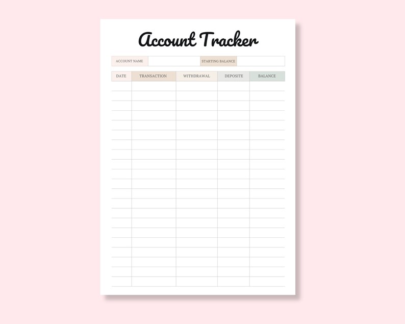 Account Tracker, Printable Account Log, Bank Account Tracker, Account ...