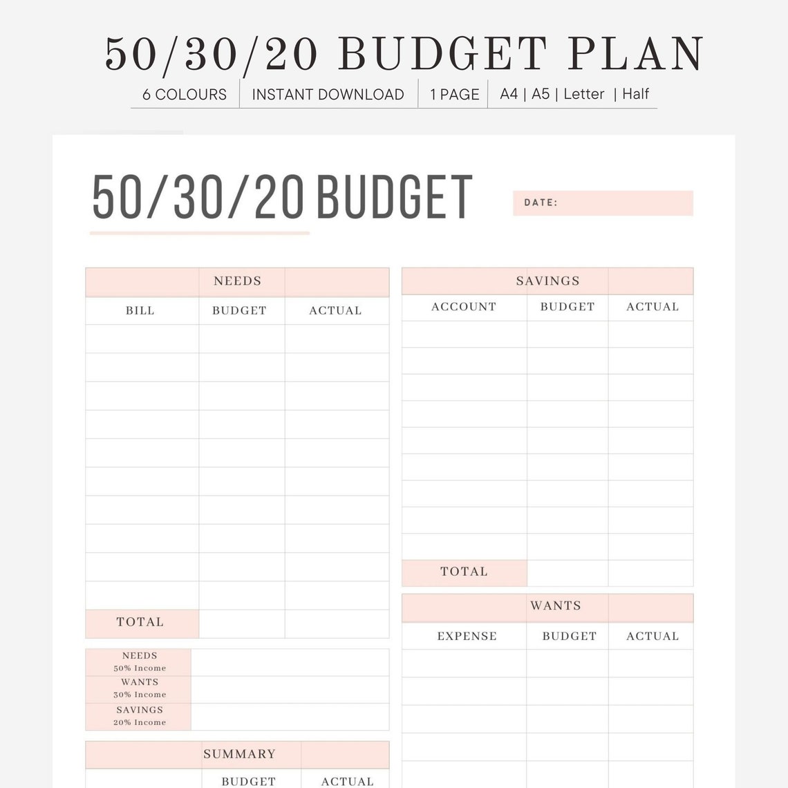 50/30/20 Budget Planner Template Monthly Budget Planner 50/30/20 Rule ...