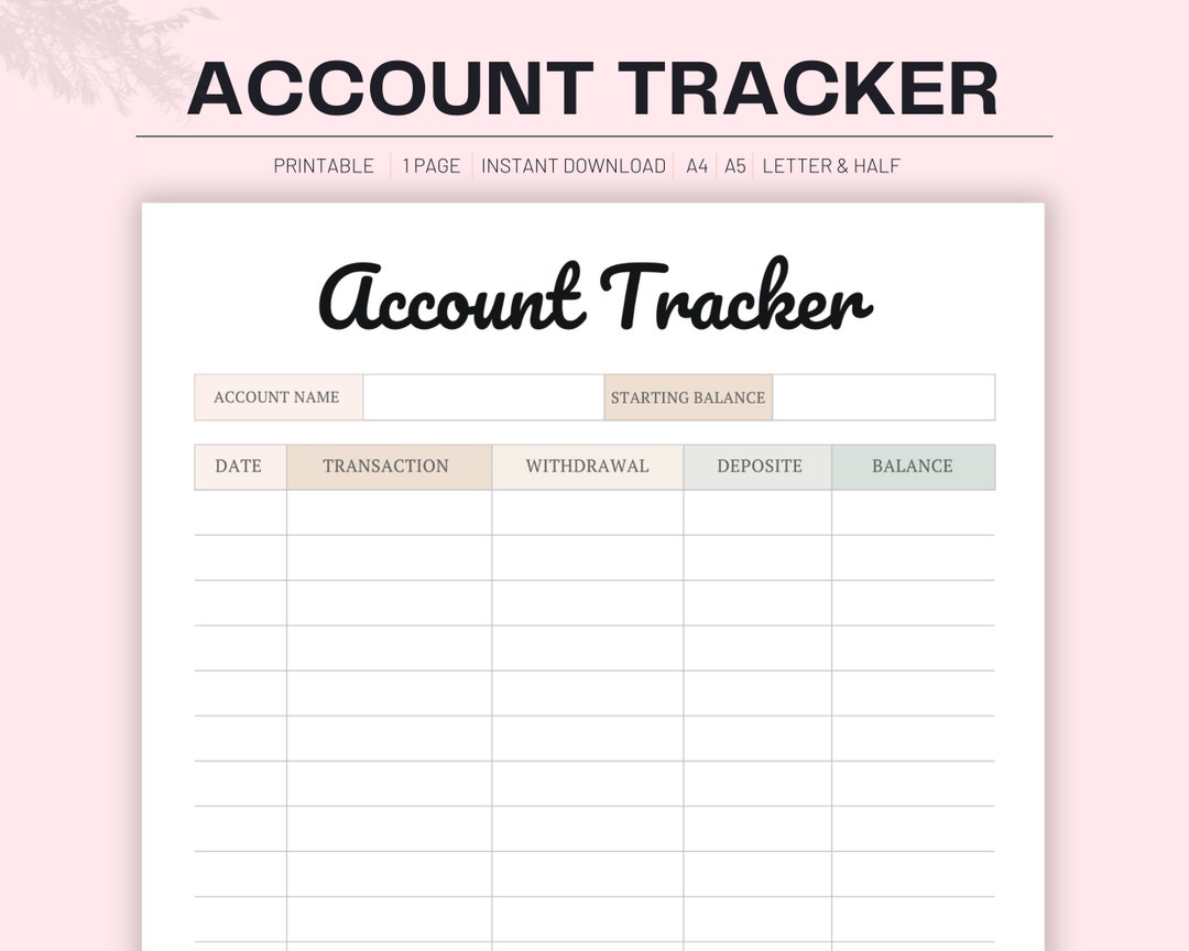 Account Tracker, Printable Account Log, Bank Account Tracker, Account ...